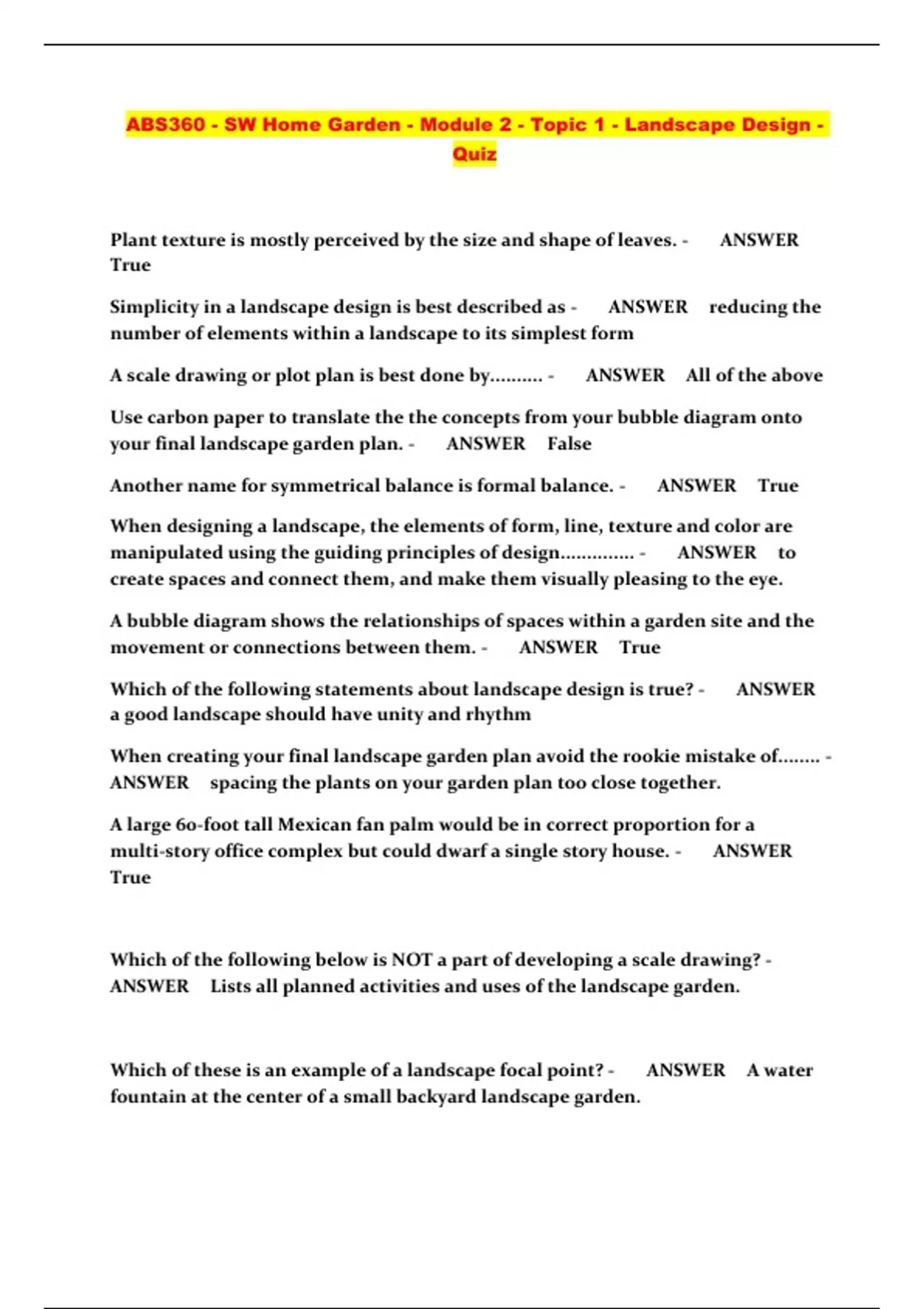ABS360 - SW Home Garden - Module 2 - Topic 1 - Landscape Design - Quiz ...
