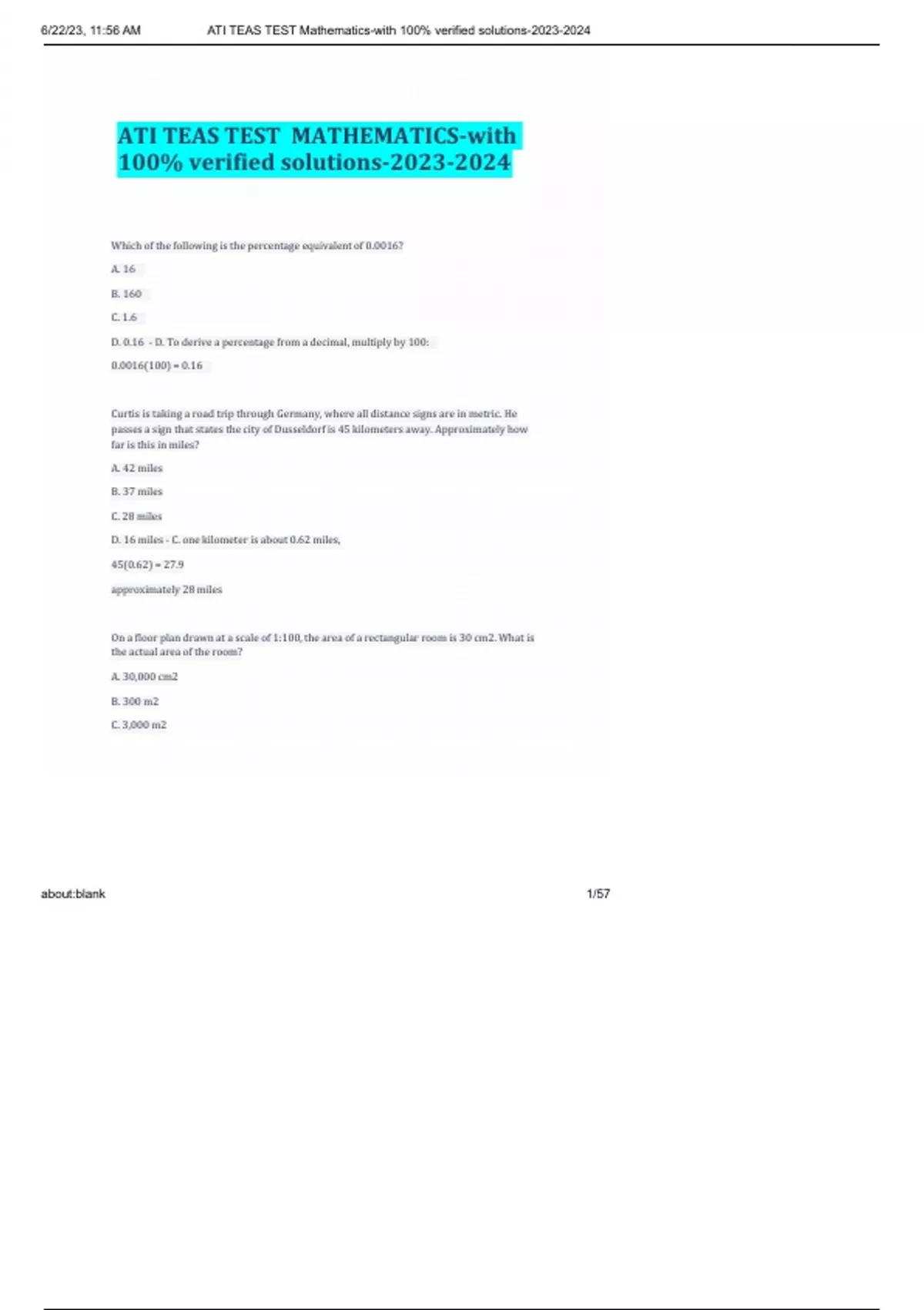 ATI TEAS TEST MATHEMATICS-with 100% verified solutions- - HSA - Health ...