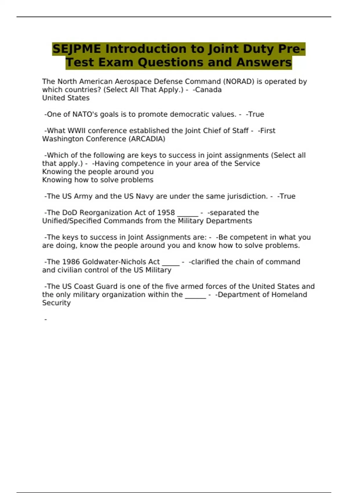 SEJPME Introduction to Joint Duty Pre-Test Exam Questions and Answers ...