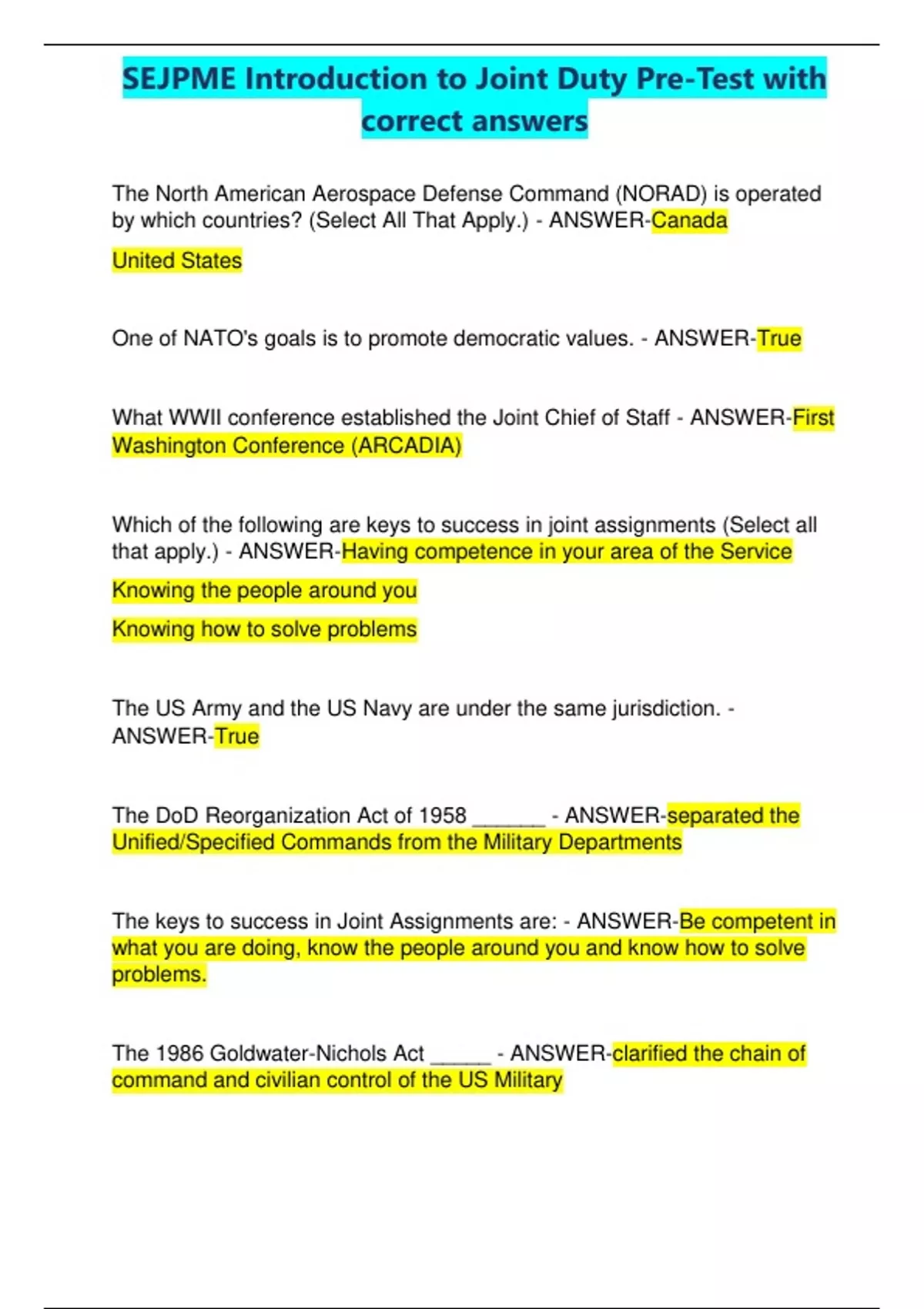SEJPME Introduction to Joint Duty Pre-Test with correct answers ...