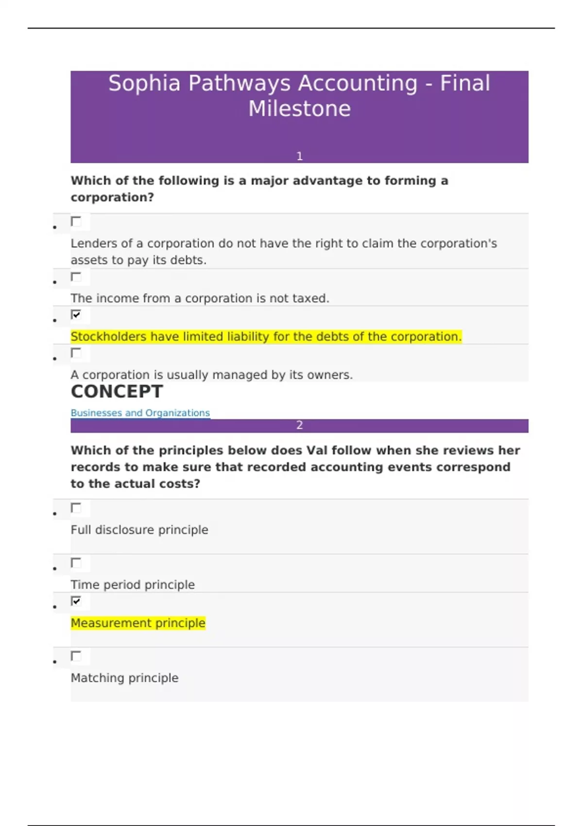Summary SOPHIA PATHWAYS ACCOUNTING - FINAL MILESTONE CORRECTLY ANSWERED ...