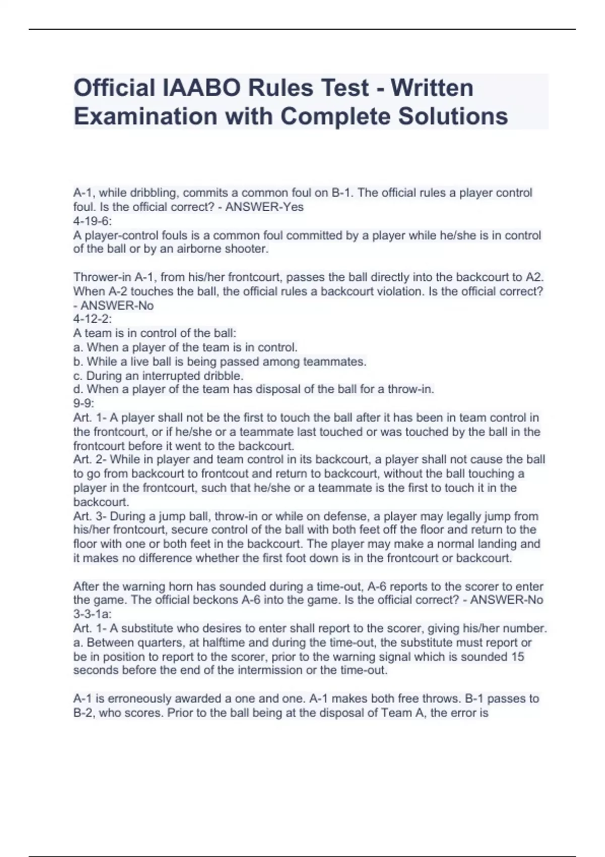 Official IAABO Rules Test - Written Examination with Complete Solutions ...