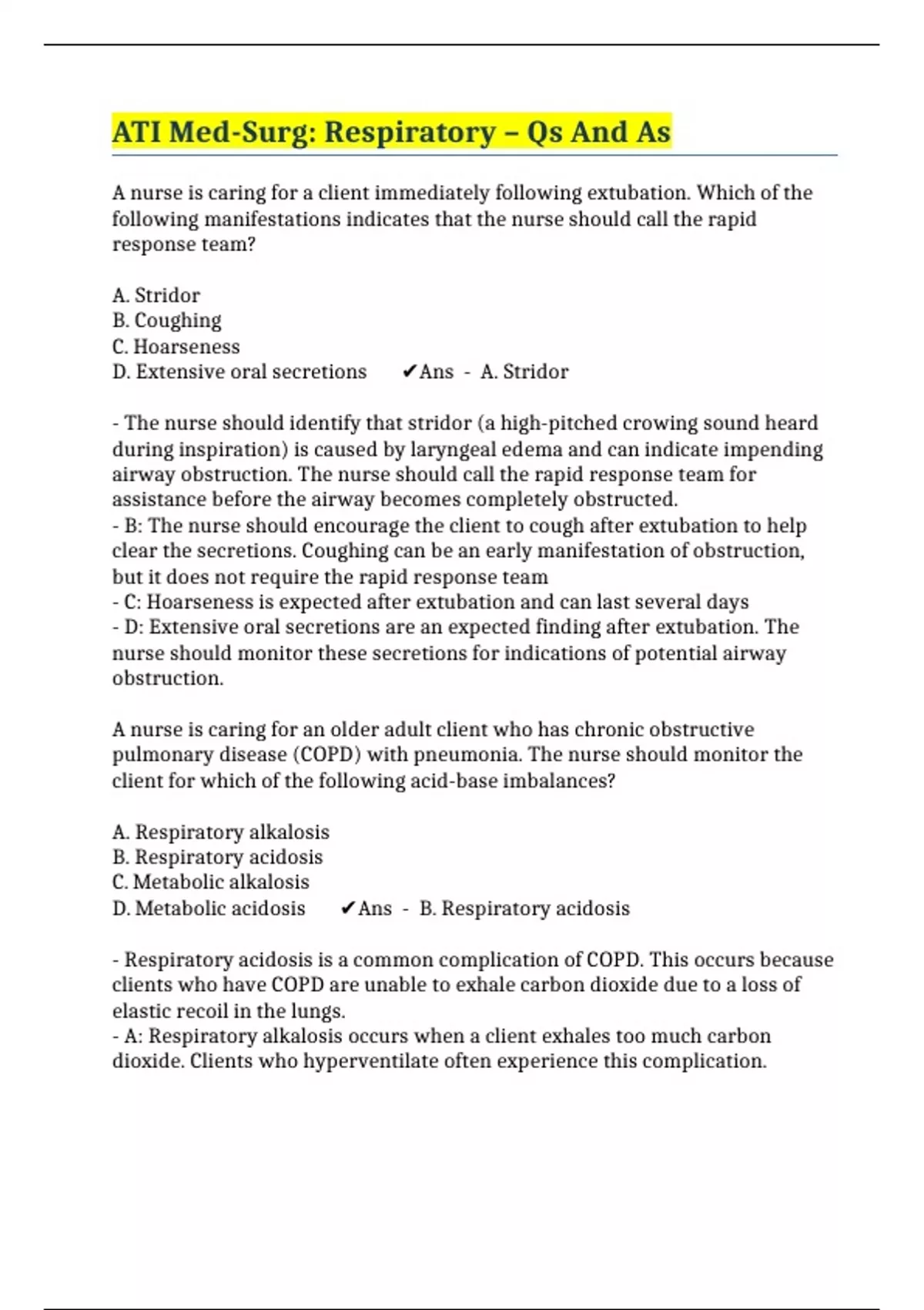 ATI Med-Surg: Respiratory – Qs And As - Med-Surg - Stuvia US