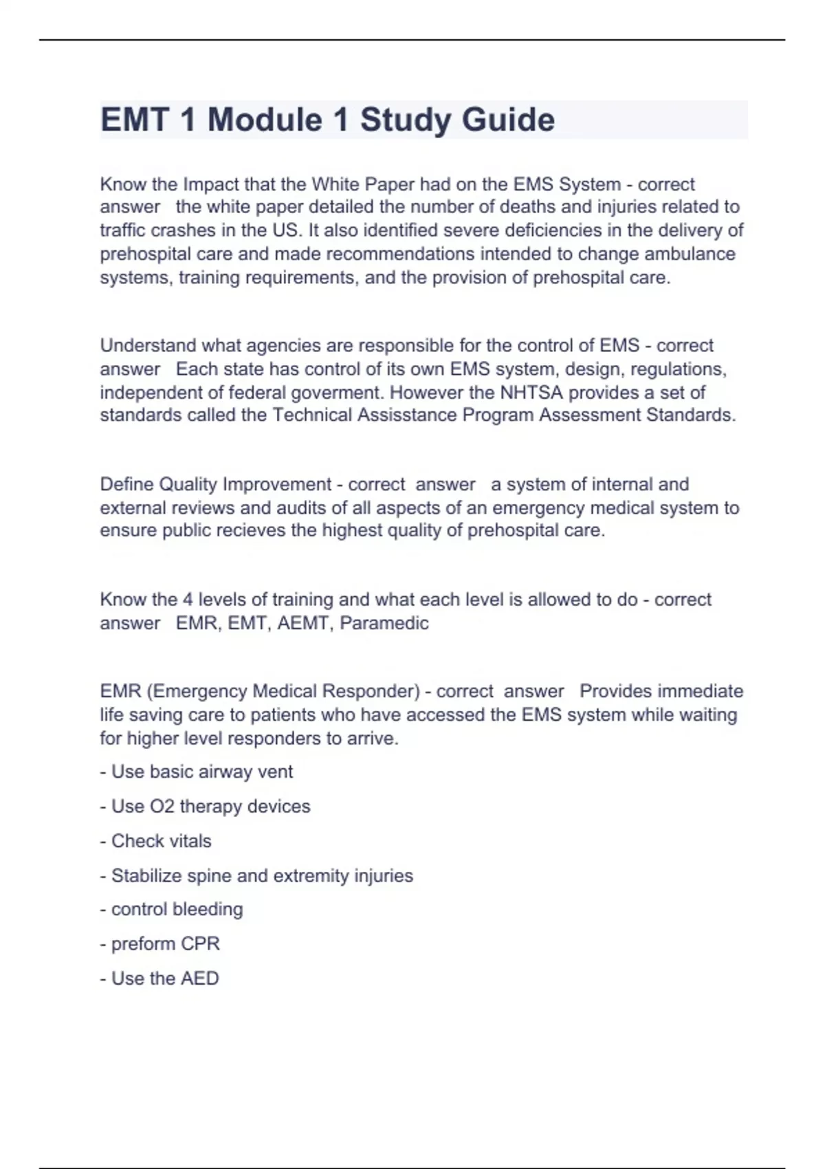 EMT 1 Module 1 Study Guide Question and answers rated 2023/2024 - EMT ...