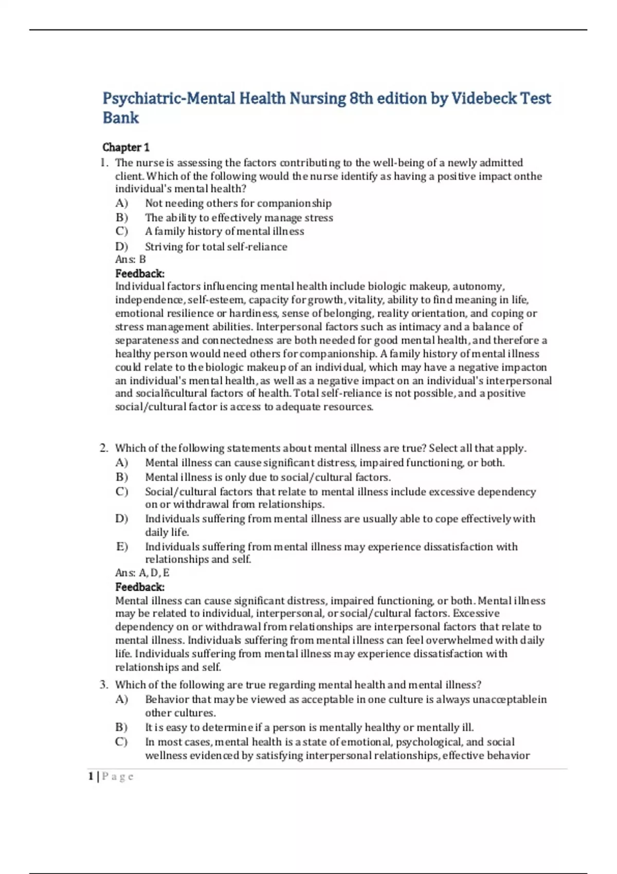 TEST BANK PSYCHIATRIC-MENTAL HEALTH NURSING 8TH EDITION BY VIDEBECK ...