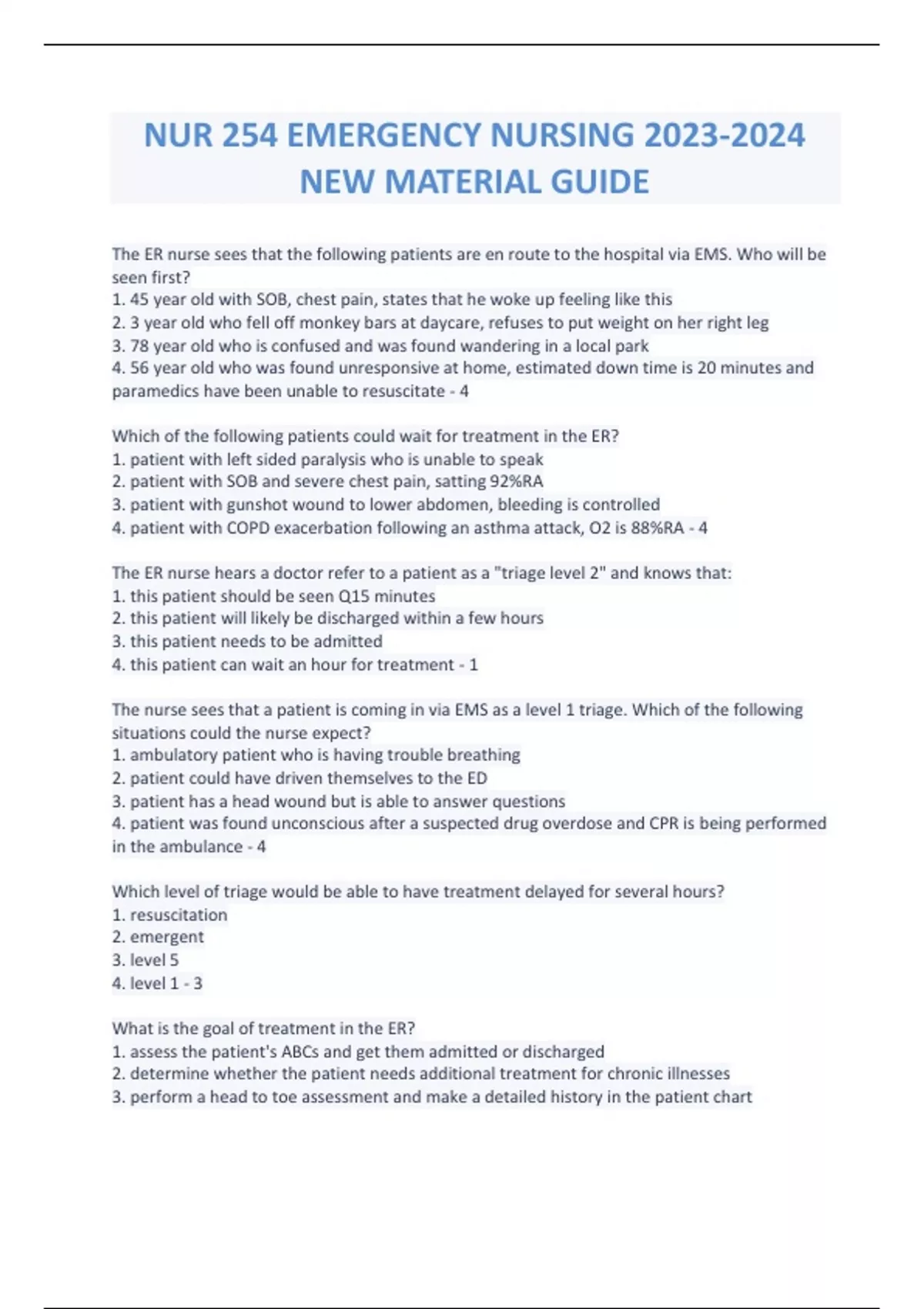NUR 254 EMERGENCY NURSING NEW MATERIAL GUIDE | ER NURSING: TRIAGE AND ...