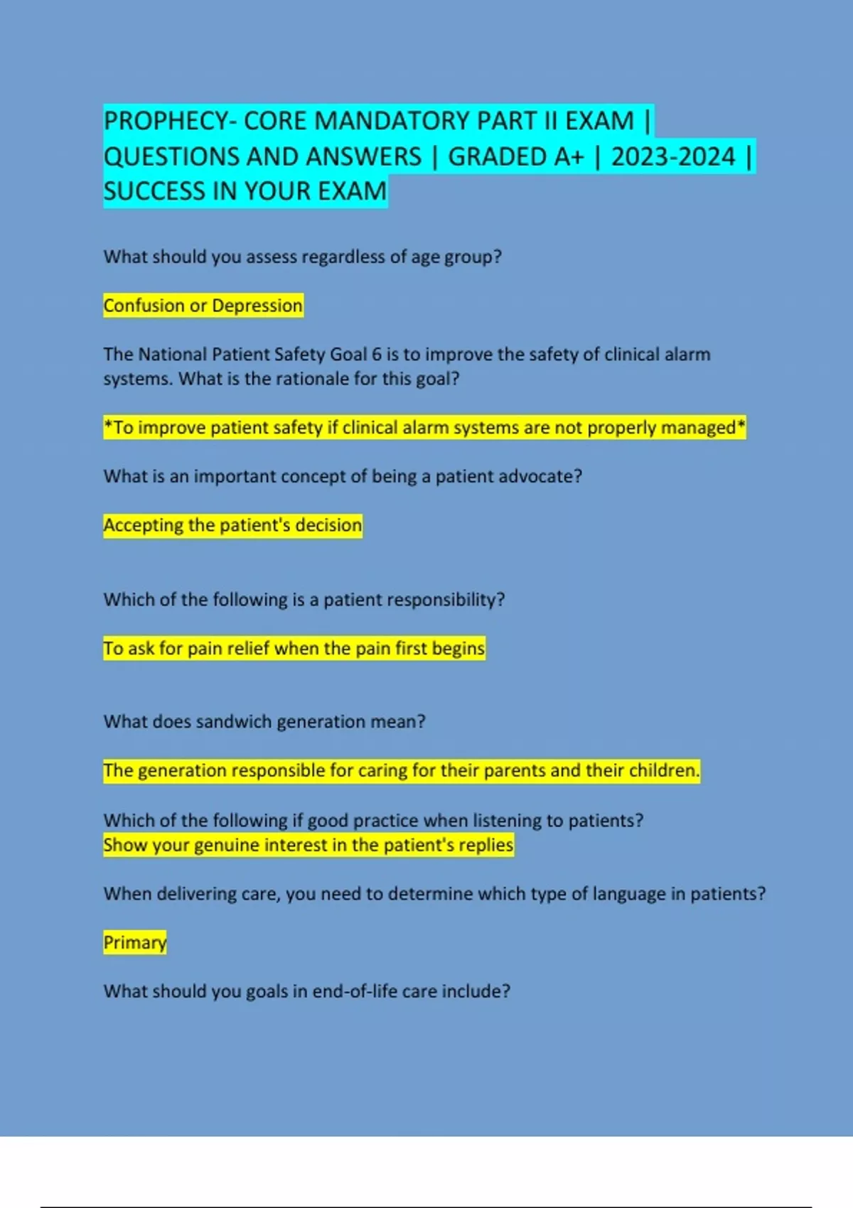 PROPHECY- CORE MANDATORY PART II EXAM | QUESTIONS AND ANSWERS | GRADED ...
