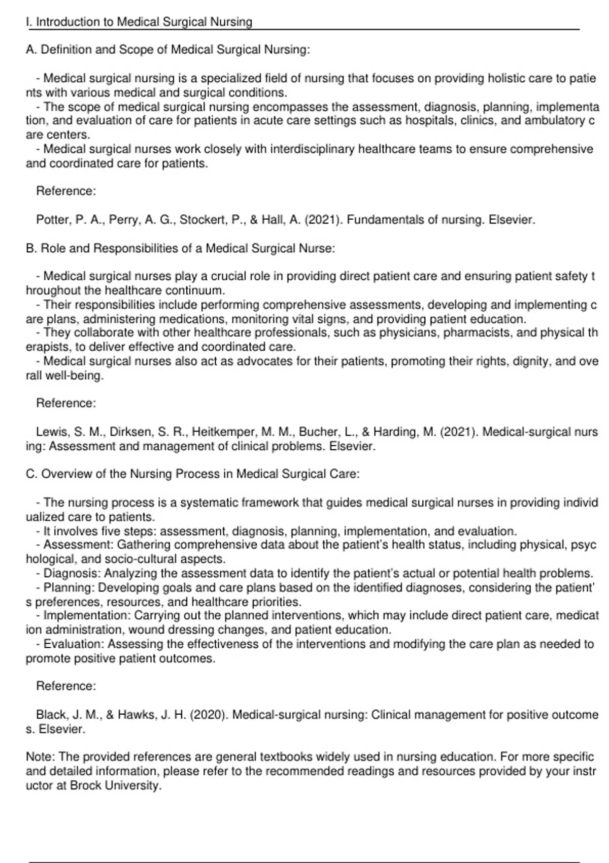 Summary Introduction to Medical Surgical Nursing - MEDICAL SURGICAL ...