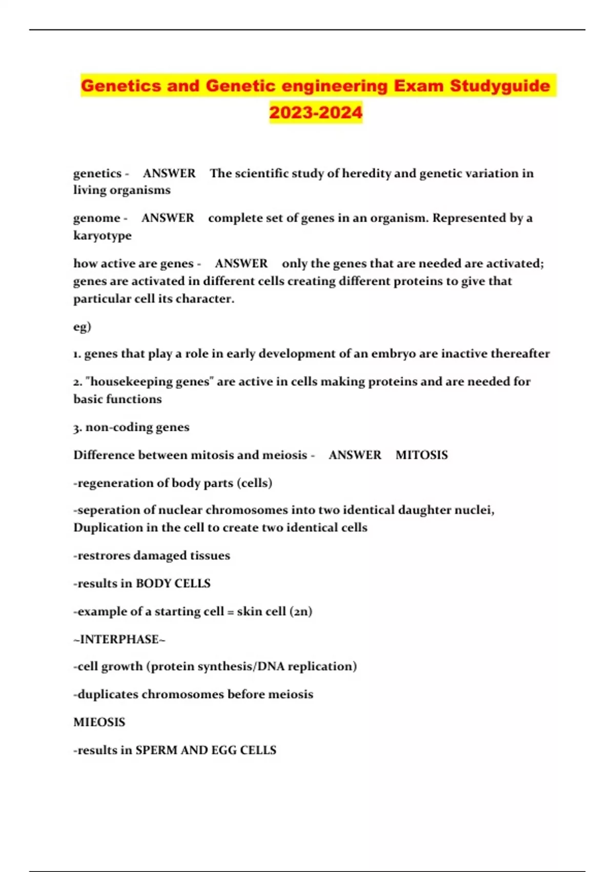 Genetics and Genetic engineering Exam Studyguide - Genetics and Genetic engineering - Stuvia US