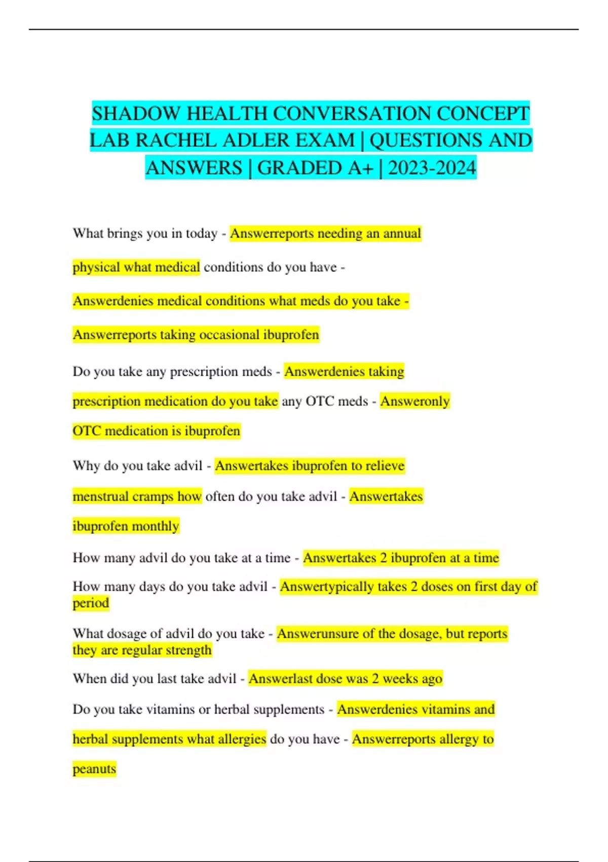 SHADOW HEALTH CONVERSATION CONCEPT LAB RACHEL ADLER EXAM | QUESTIONS ...