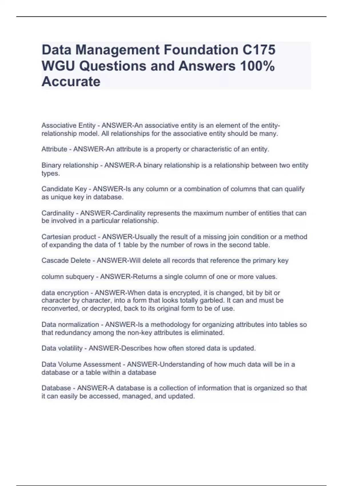 Data Management Foundation C175 WGU Questions and Answers 100% AccurateData Management ...