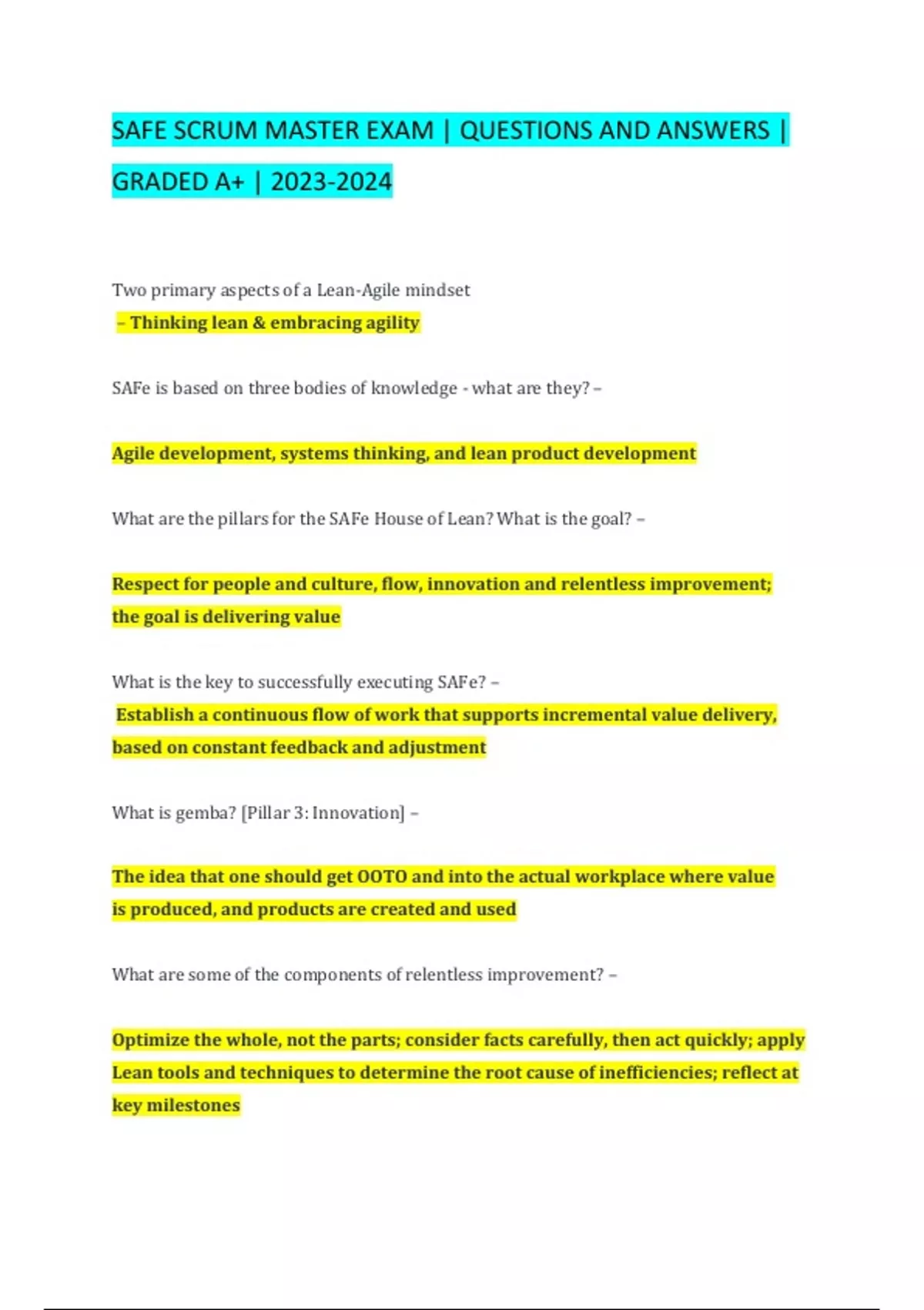 Safe Scrum Master Exam Questions And Answers Graded A Safe Scrum Master Stuvia Us