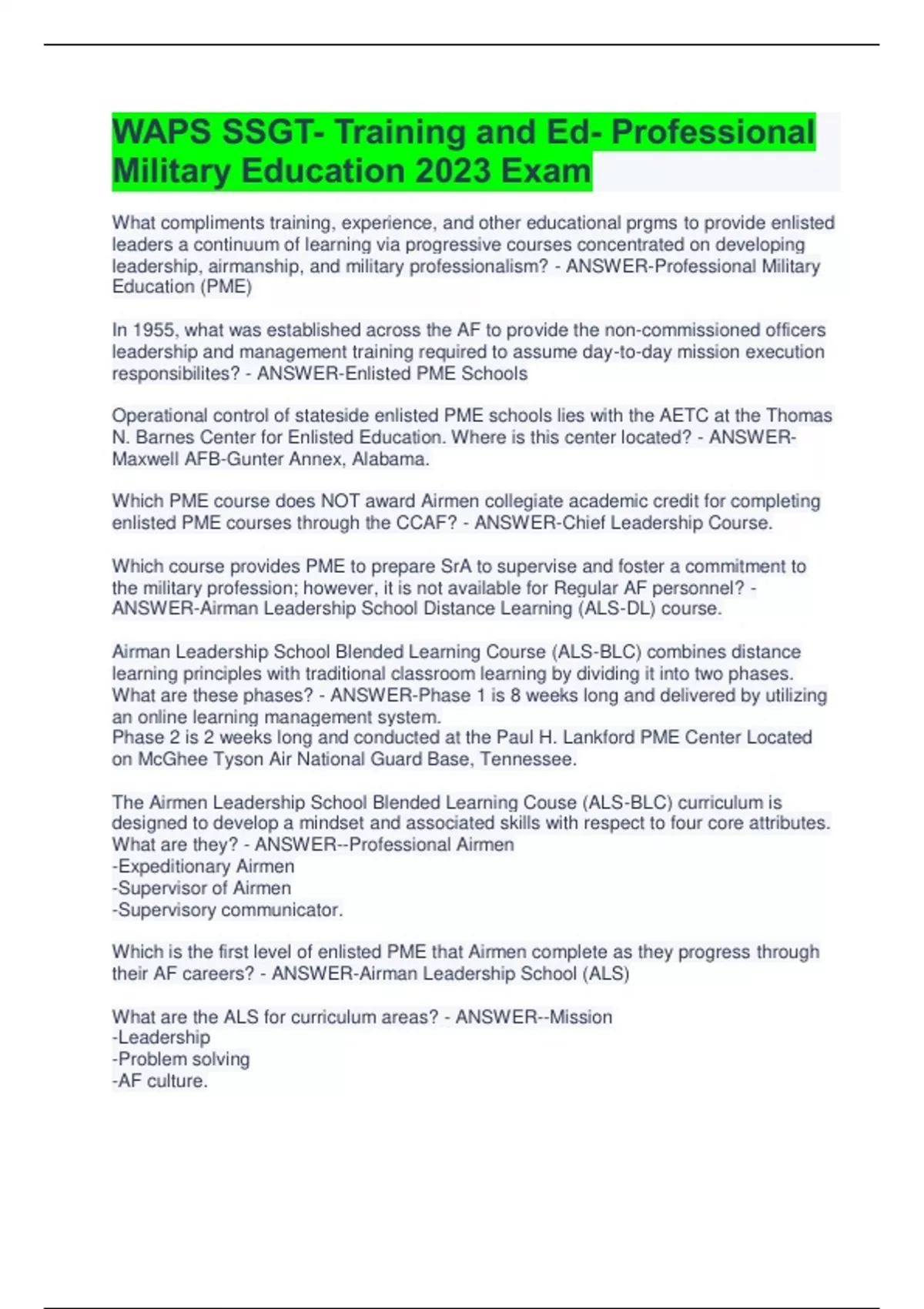 WAPS SSGT- Training and Ed- Professional Military Education 2023 Exam ...