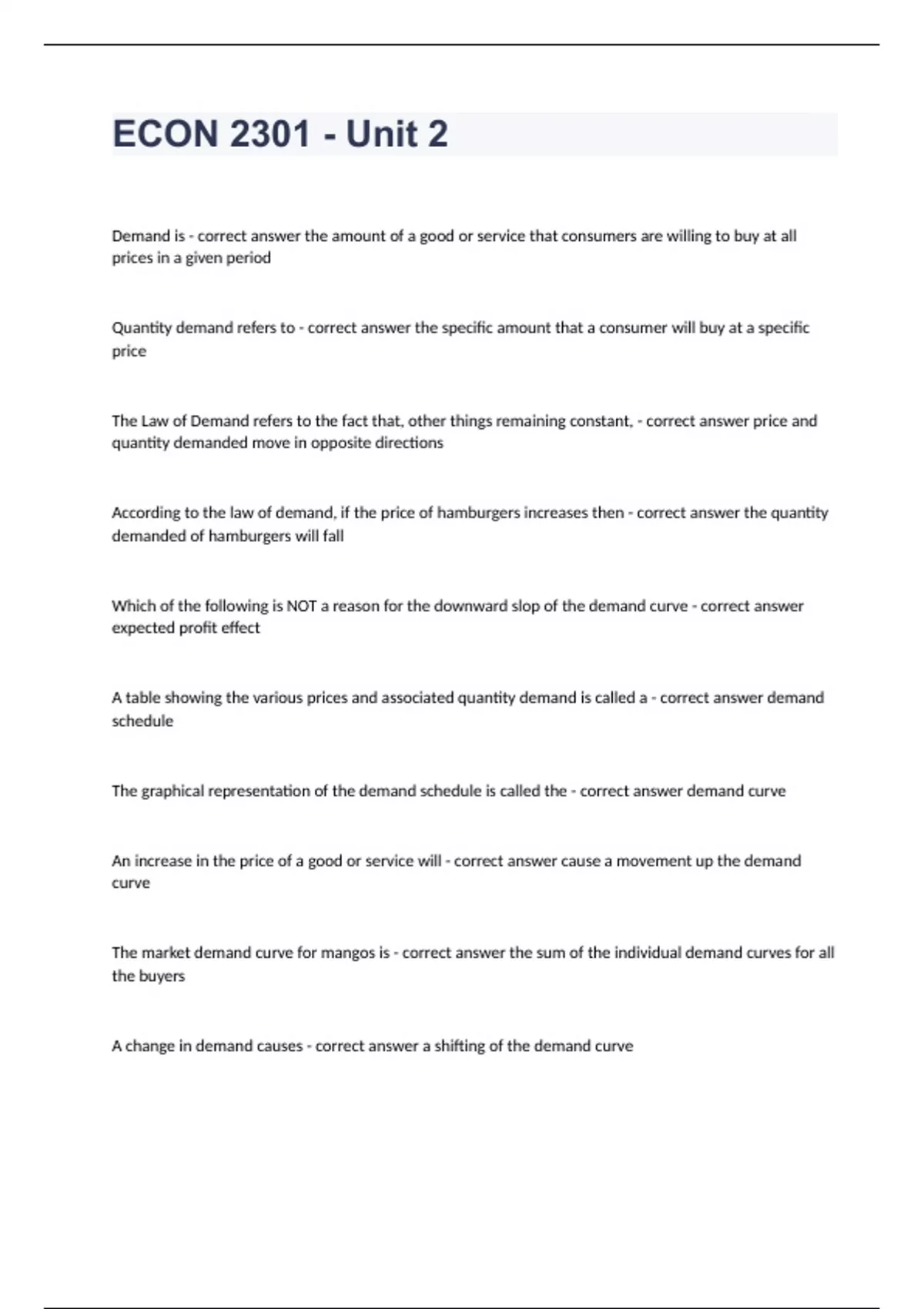 ECON 2301 - Unit 2 Question and answers correctly solved 2023/2024 - GRMN 2301 - Stuvia US