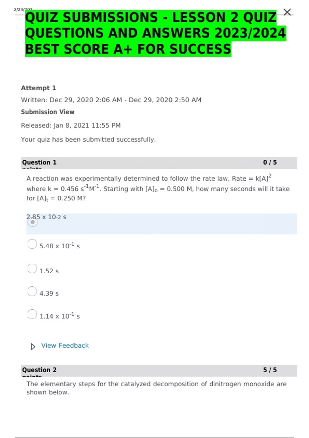 QUIZ SUBMISSIONS - LESSON 2 QUIZ QUESTIONS AND ANSWERS 2023/2024 BEST SCORE A+ FOR SUCCESS ...