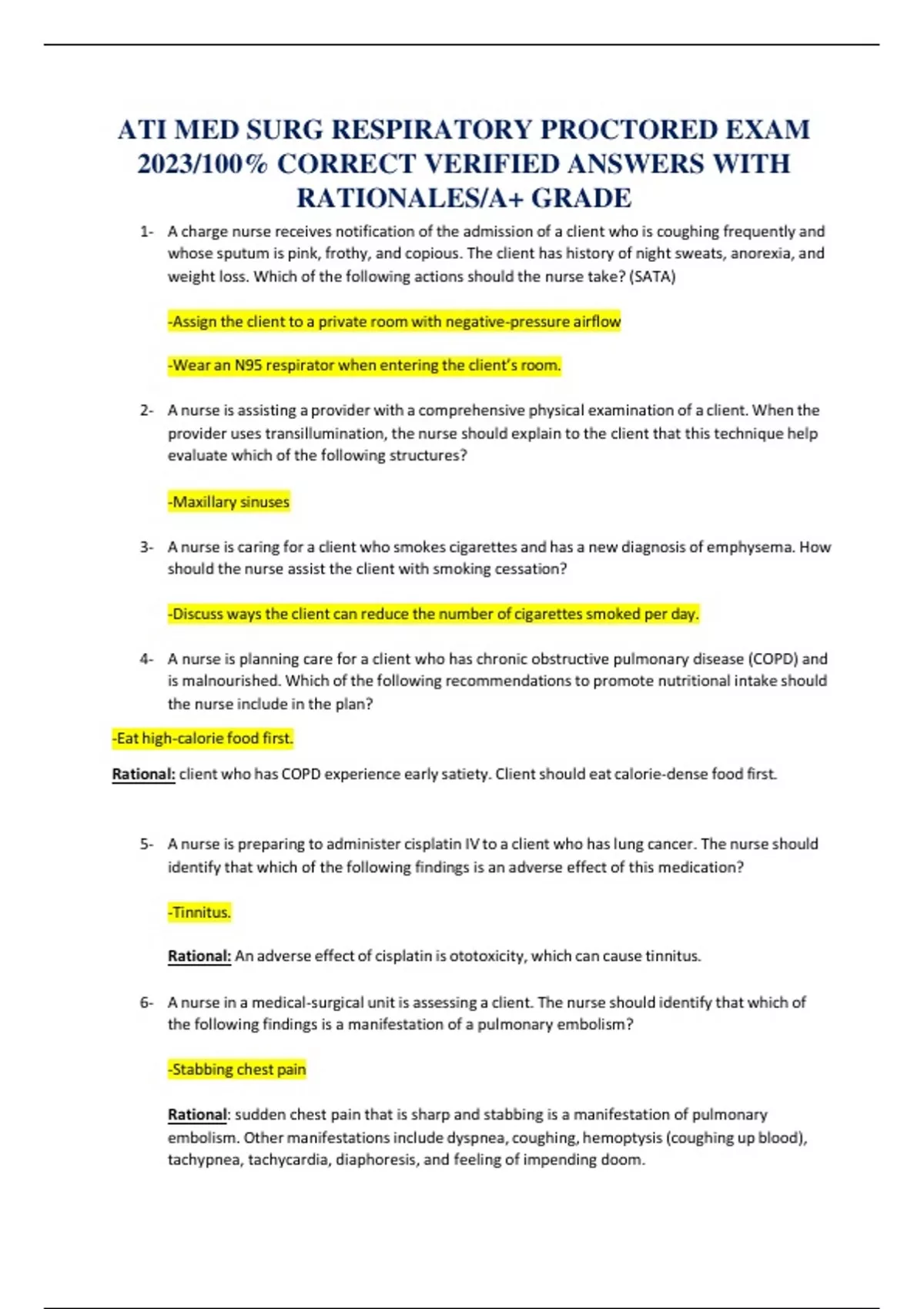 ATI MED SURG RESPIRATORY PROCTORED EXAM 2023/100% CORRECT VERIFIED ...