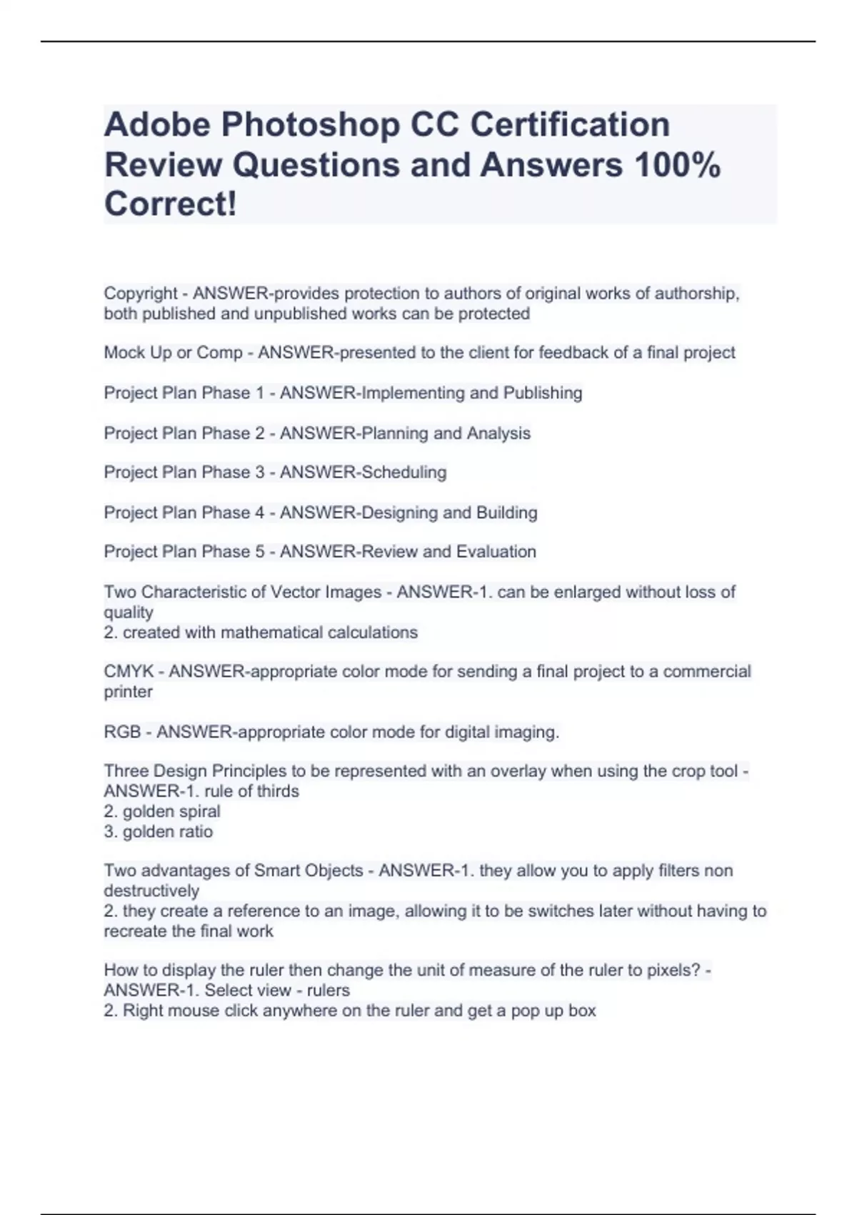 Adobe Photoshop CC Certification Review Questions and Answers 100% ...