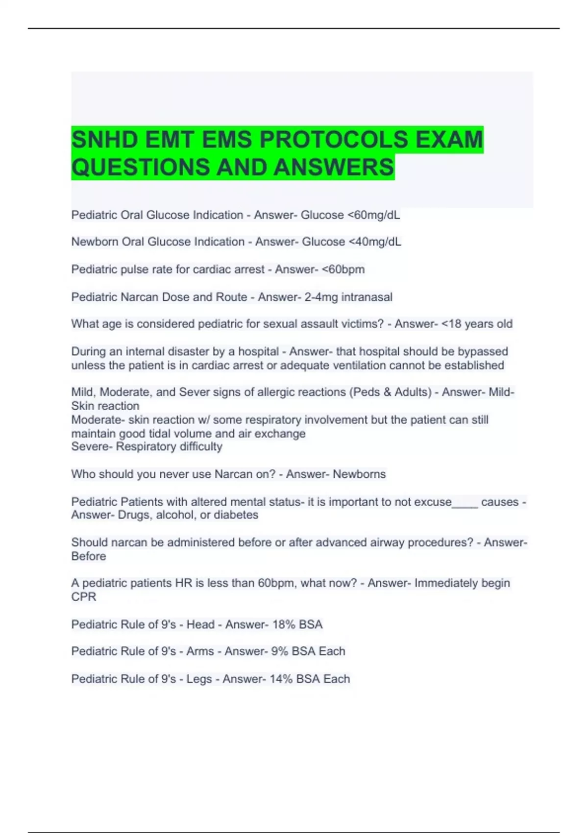 SNHD EMT EMS PROTOCOLS EXAM QUESTIONS AND ANSWERS - SNHD AEMT Protocols ...