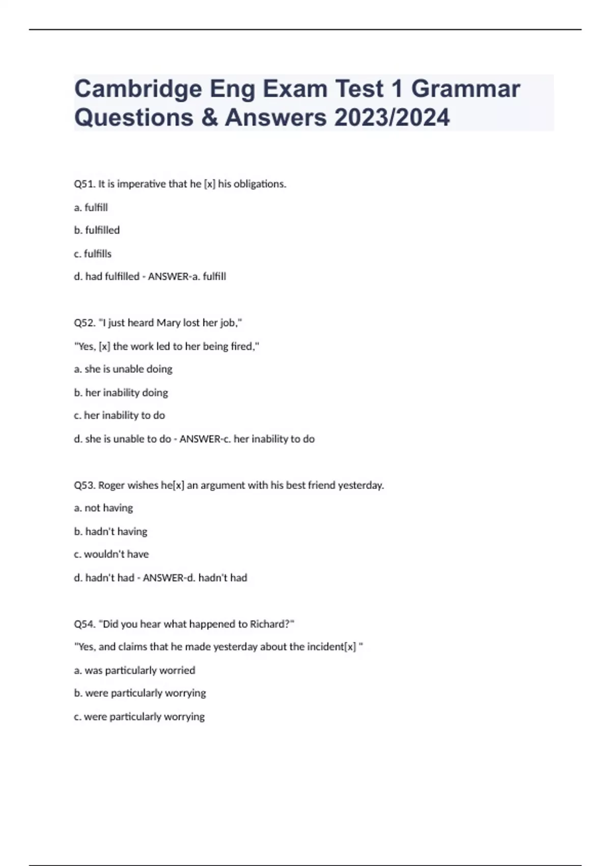 Cambridge Eng Exam Test 1 Grammar Questions & Answers 2023/2024 ...
