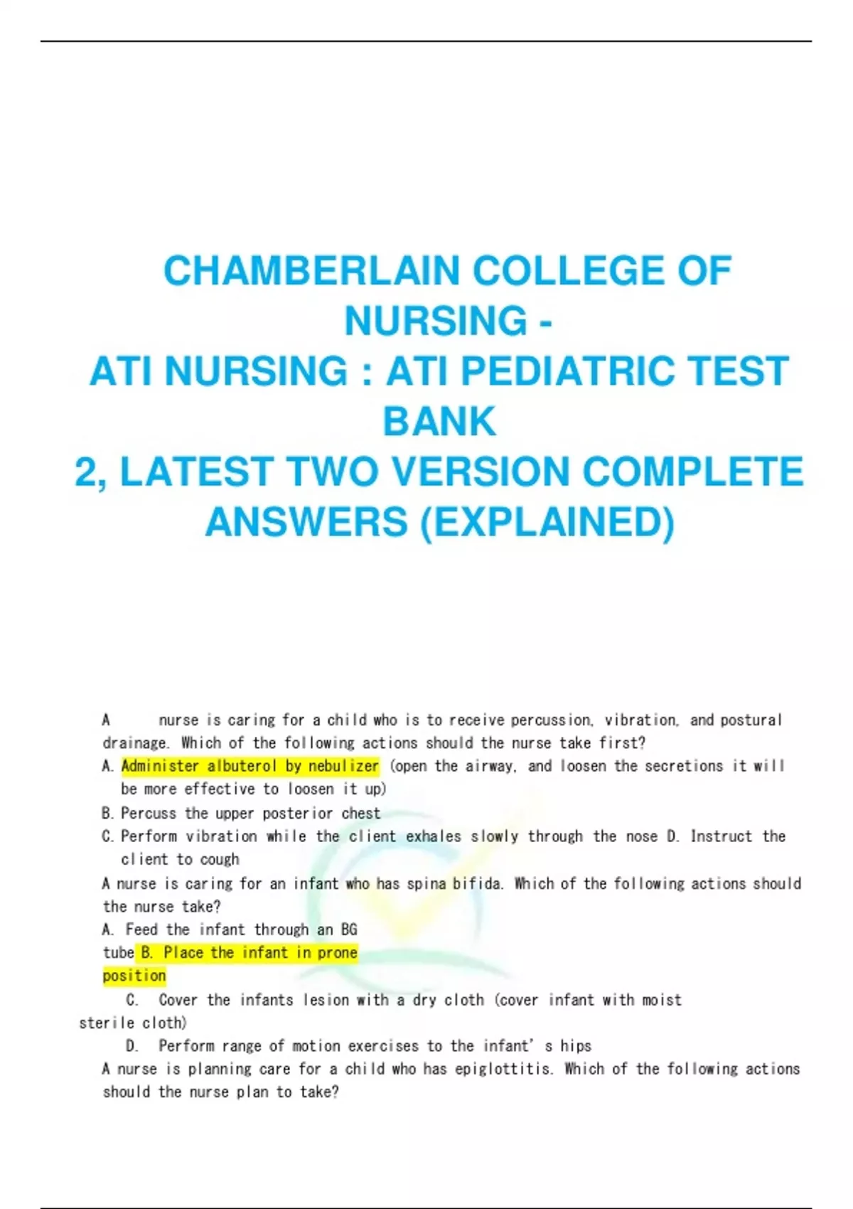 ATI NURSING : ATI PEDIATRIC TEST BANK 2, LATEST TWO VERSION COMPLETE ...