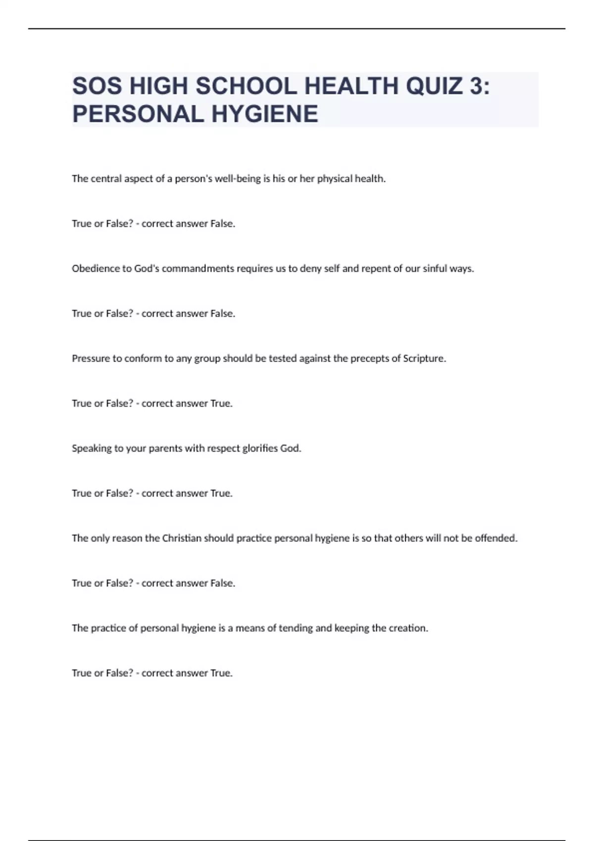 SOS HIGH SCHOOL HEALTH QUIZ 3 PERSONAL HYGIENE correctly answered rated ...