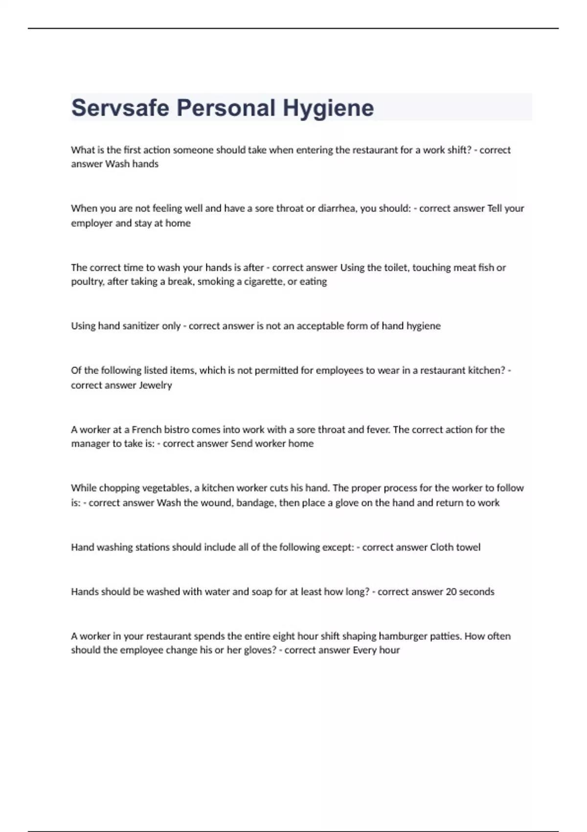 Servsafe Personal Hygiene questions with answers graded A+ 2023/2024 ...