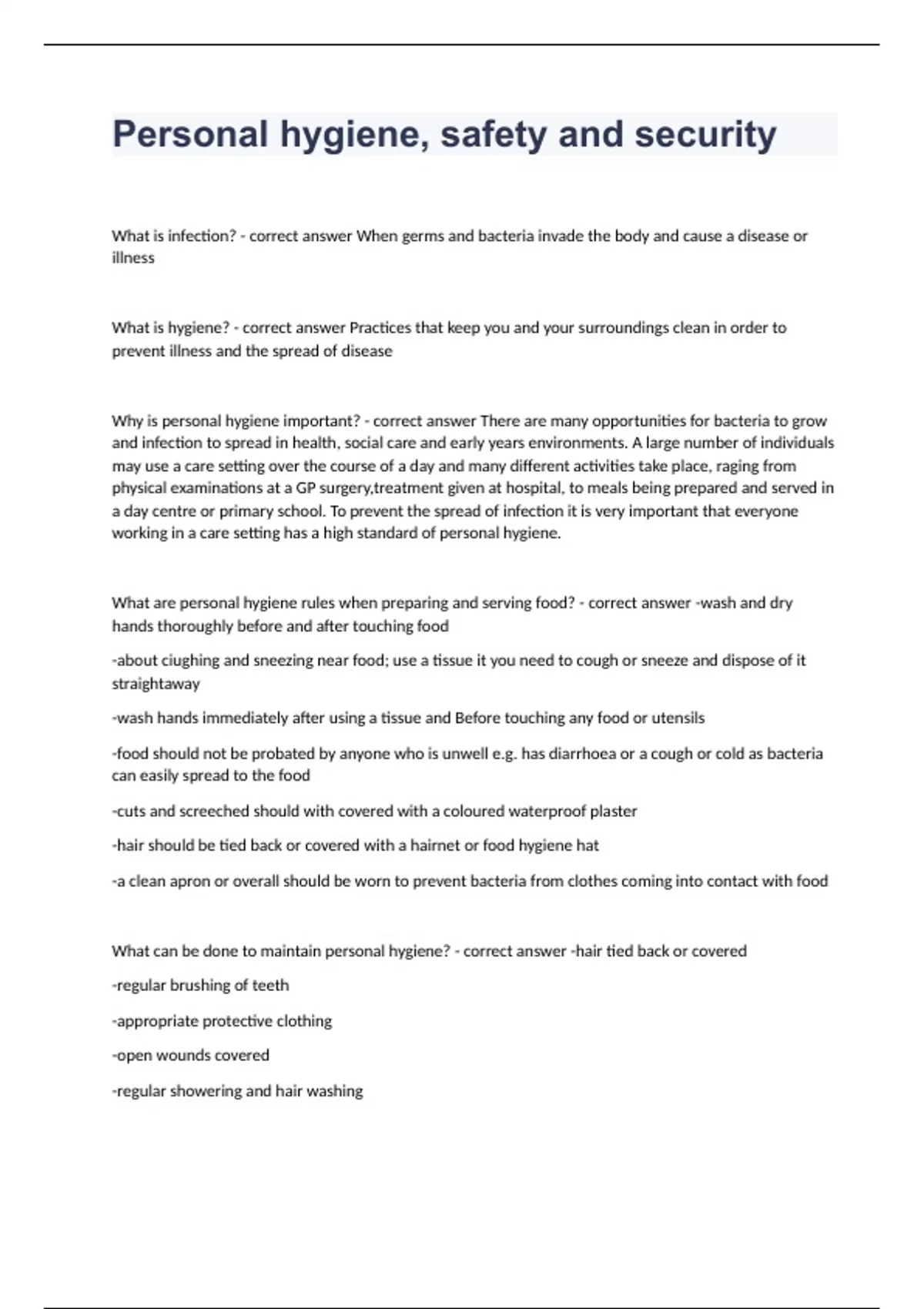 Personal hygiene, safety and security fully solved graded A+ 2023/2024 ...