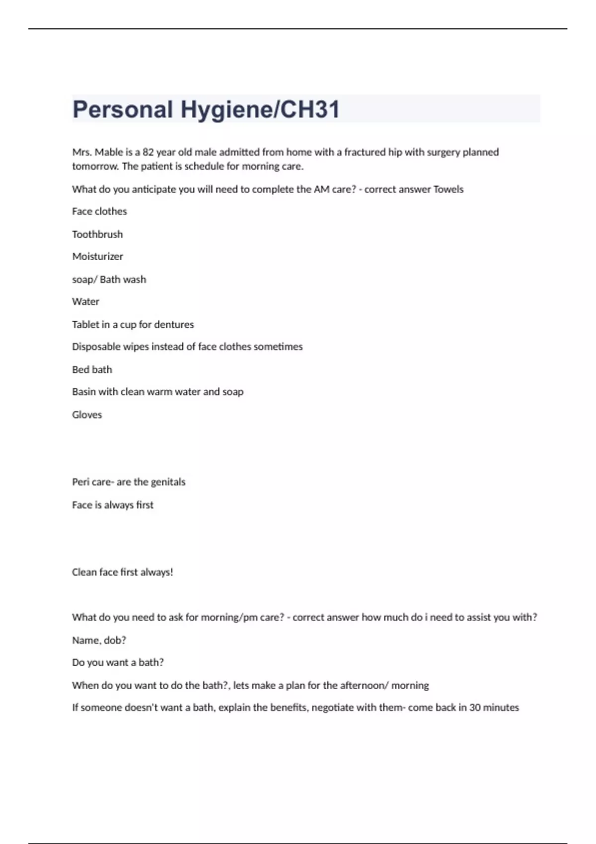 Personal Hygiene CH31 questions with 100% correct answers graded A+ ...