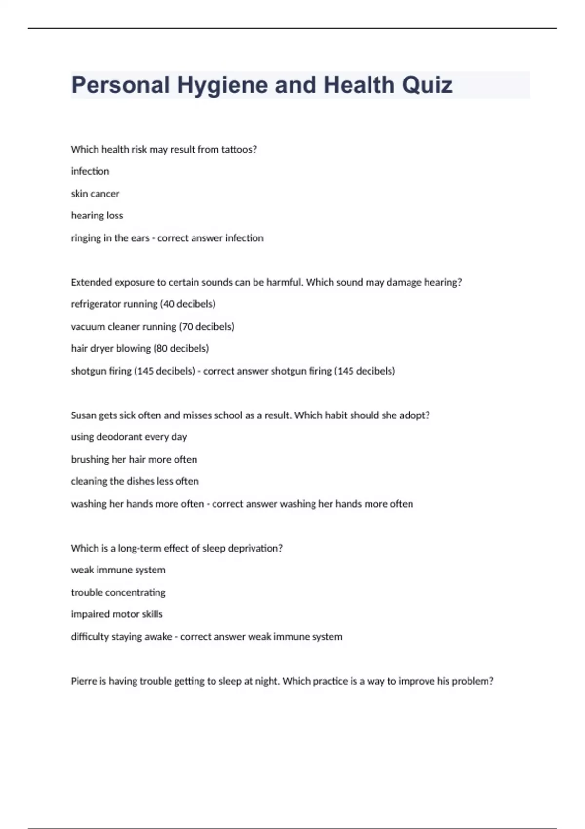 Personal Hygiene and Health Quiz with answers rated A+ 2023/2024 ...