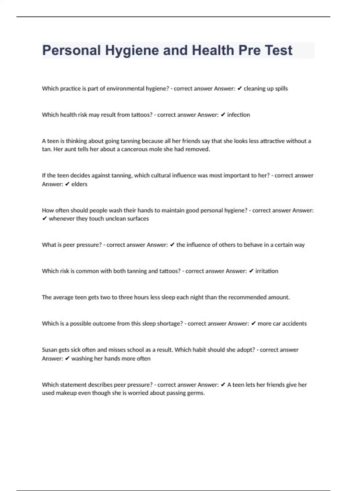 Personal Hygiene and Health Pre Test 2023/2024 updated to pass ...