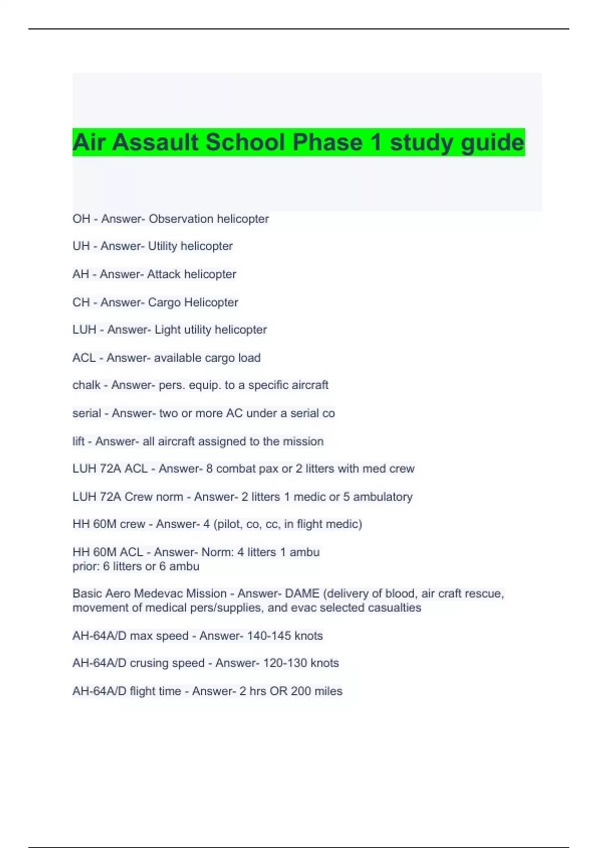 Air Assault School Phase 1 study guide with complete solutions - Air ...
