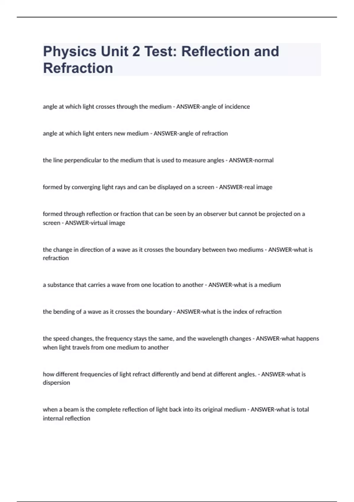 Physics Unit 2 Test: Reflection and Refraction - Reflection and ...