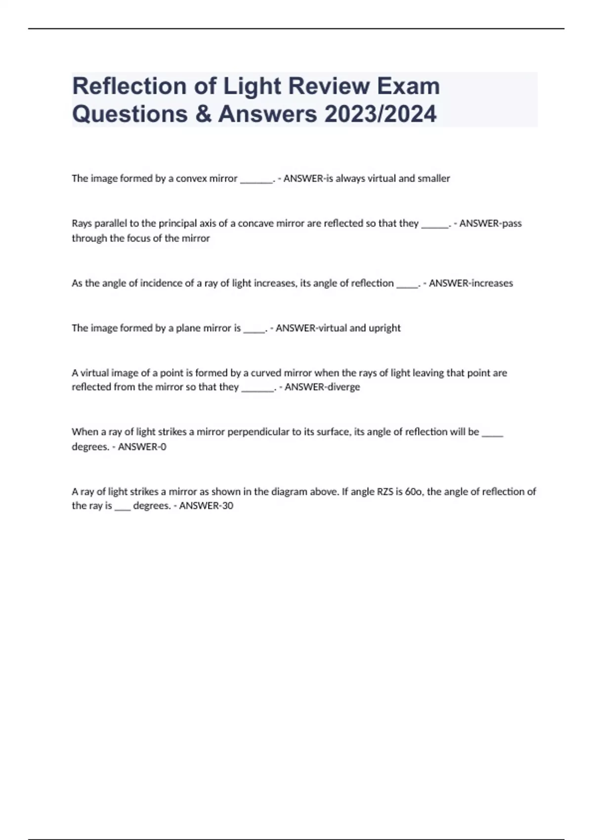 Reflection of Light Review Exam Questions & Answers 2023/2024 ...