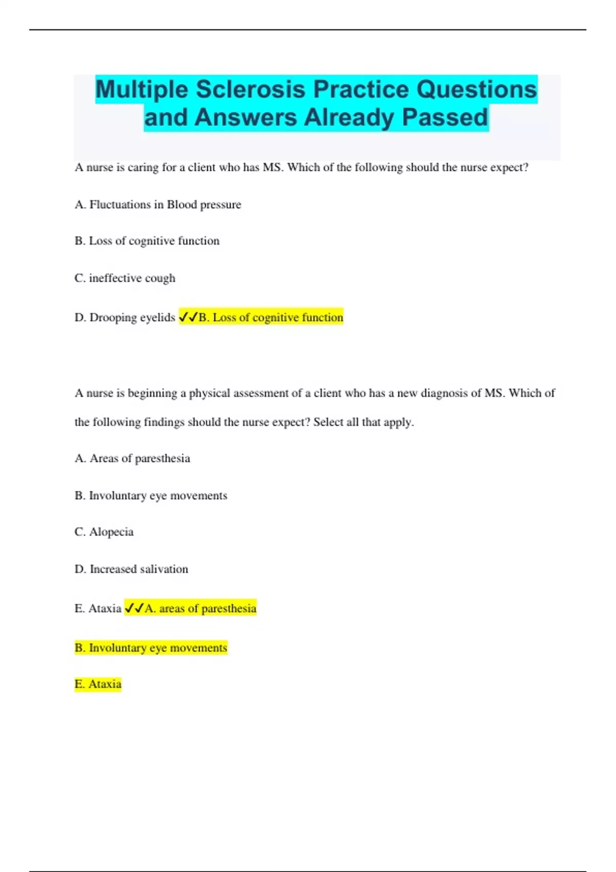Multiple Sclerosis Practice Questions and Answers Already Passed ...