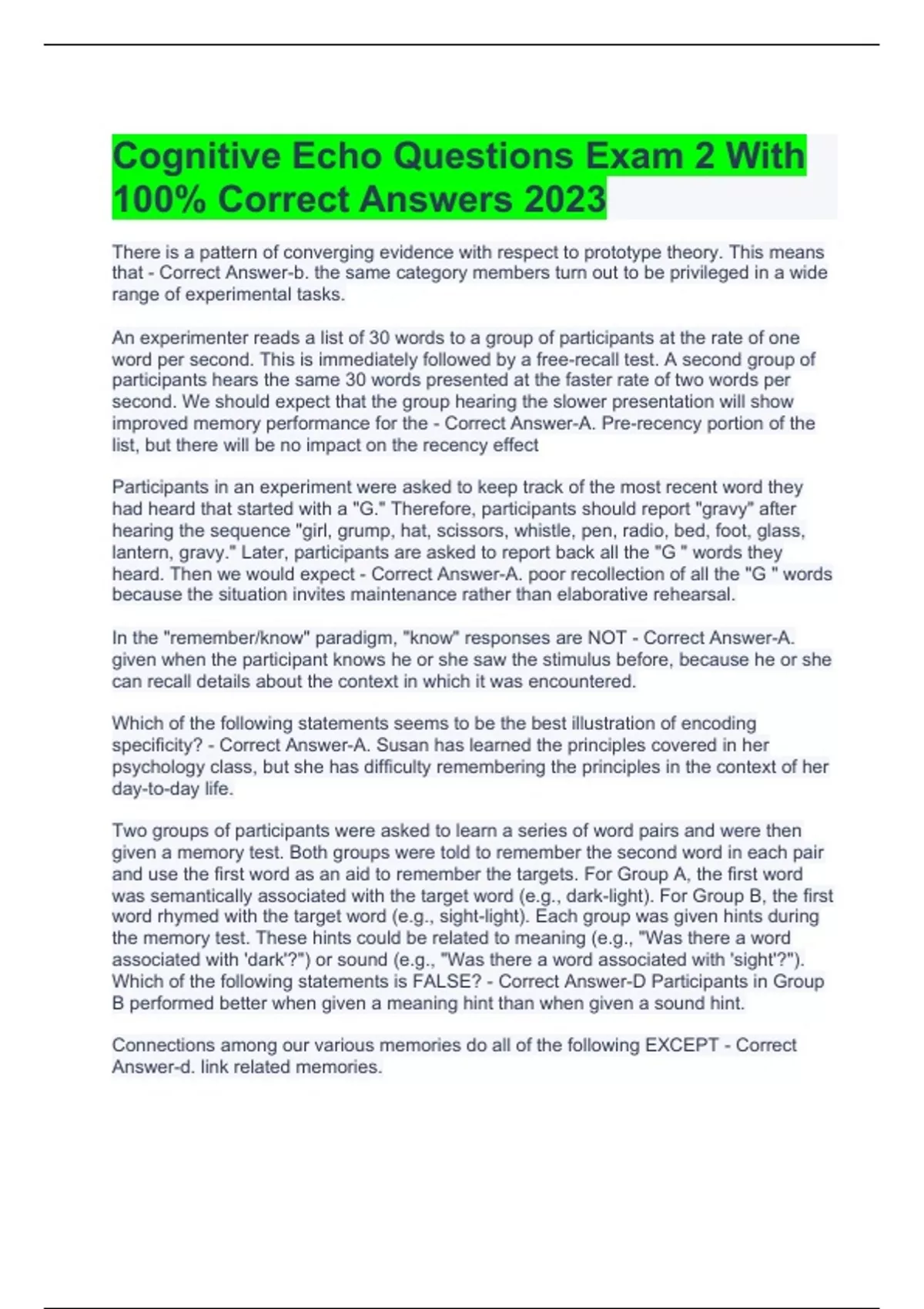 Cognitive Echo Questions Exam 2 With 100% Correct Answers 2023 ...