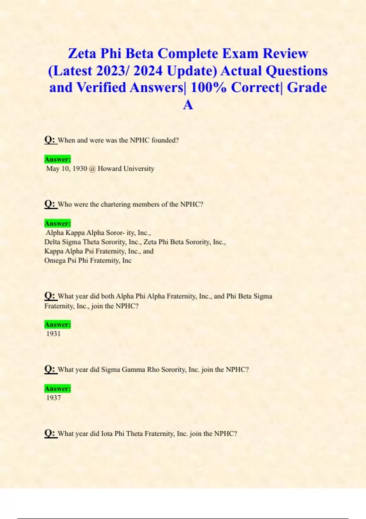 Zeta Phi Beta Complete Exam Review (Latest 2023/ 2024 Update) Actual ...