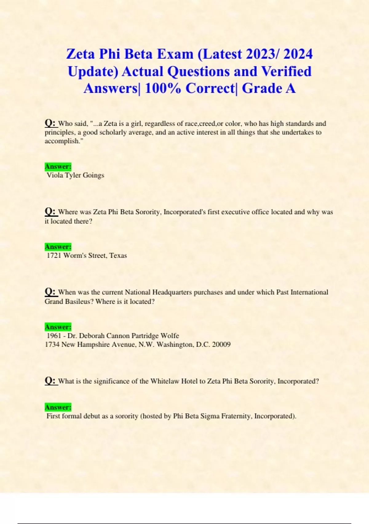 Zeta Phi Beta Exam (Latest 2023/ 2024 Update) Actual Questions and ...