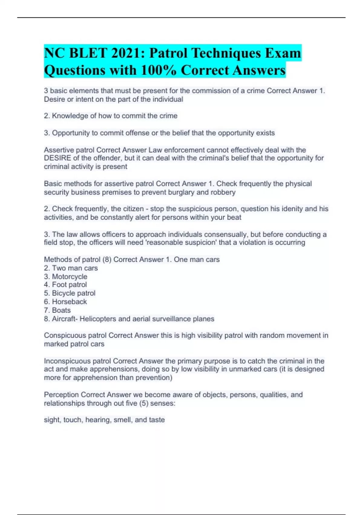 NC BLET 2021: Patrol Techniques Exam Questions with 100% Correct ...