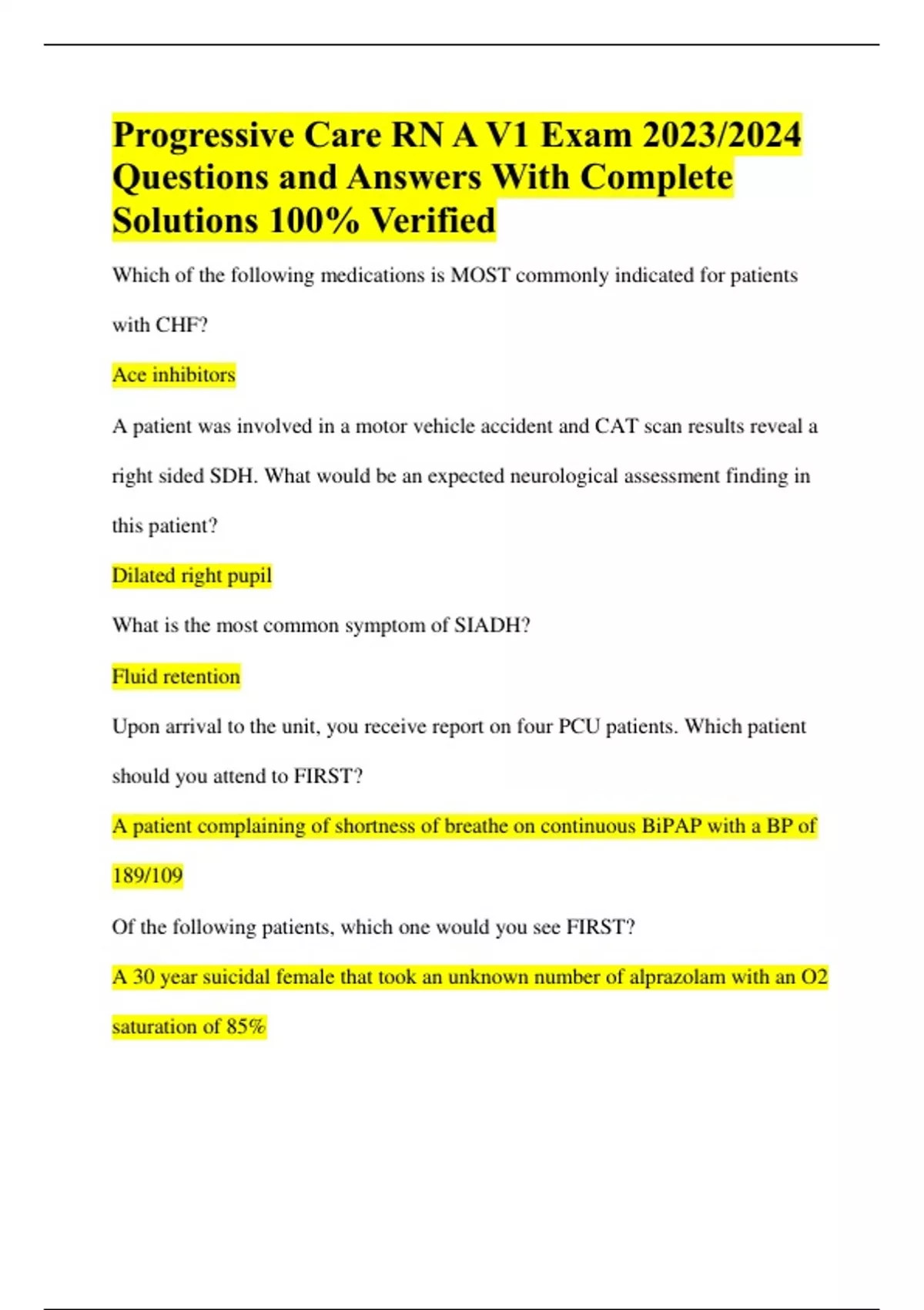 Progressive Care RN A V1 Exam 2023/2024 Questions and Answers With ...