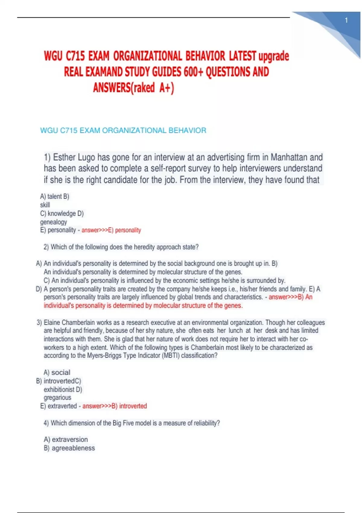 WGU C715 EXAM ORGANIZATIONAL BEHAVIOR LATEST upgrade REAL EXAMAND STUDY ...