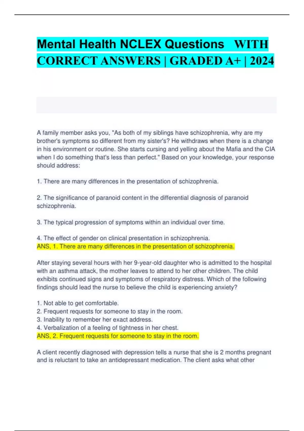 Mental Health NCLEX Questions WITH CORRECT ANSWERS | GRADED A+ | 2024 ...