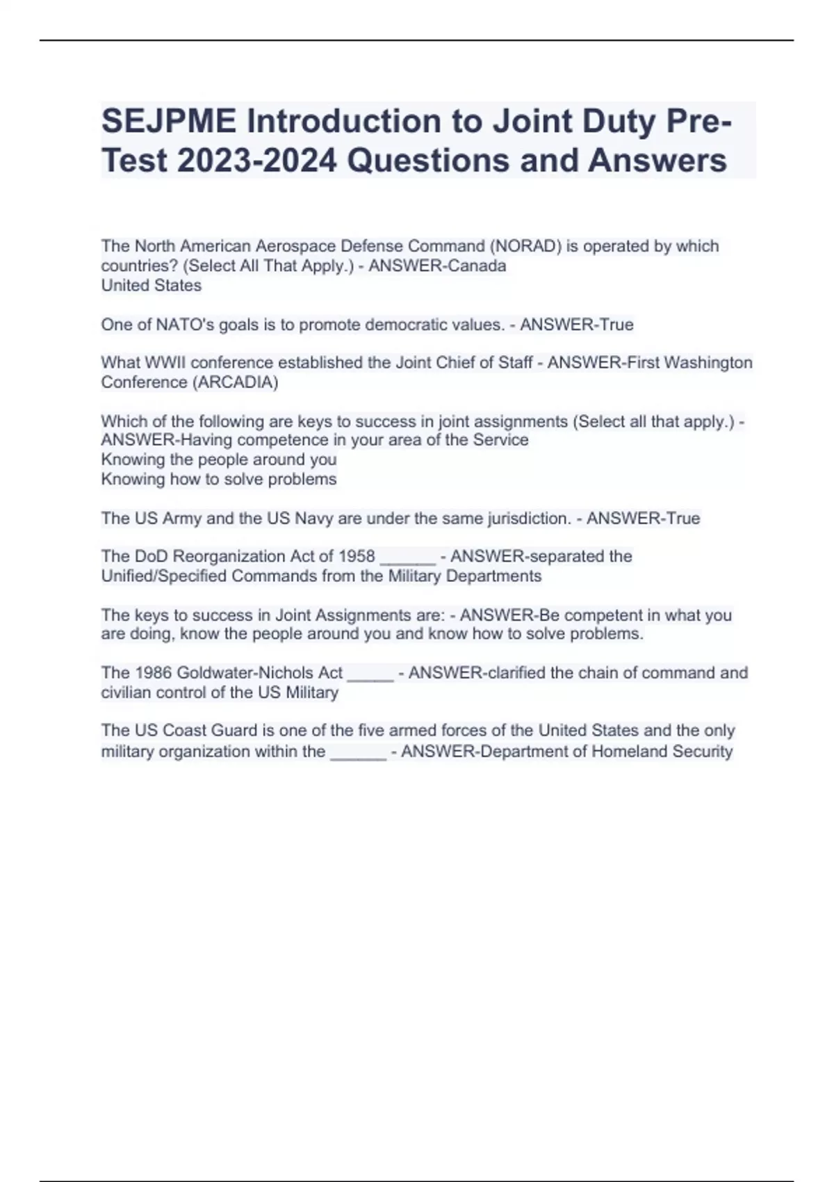 SEJPME Introduction to Joint Duty Pre-Test Questions and Answers ...