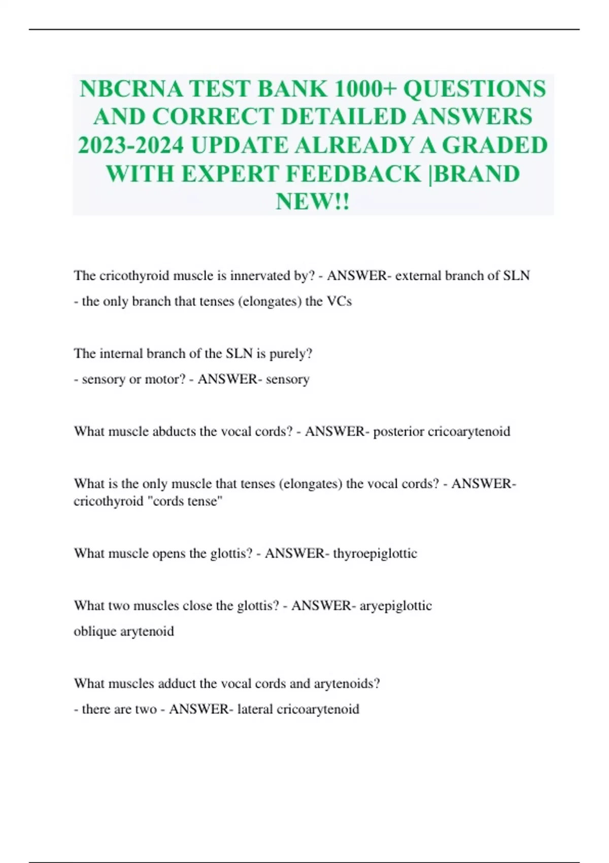 NBCRNA TEST BANK 1000+ QUESTIONS AND CORRECT DETAILED ANSWERS UPDATE ...