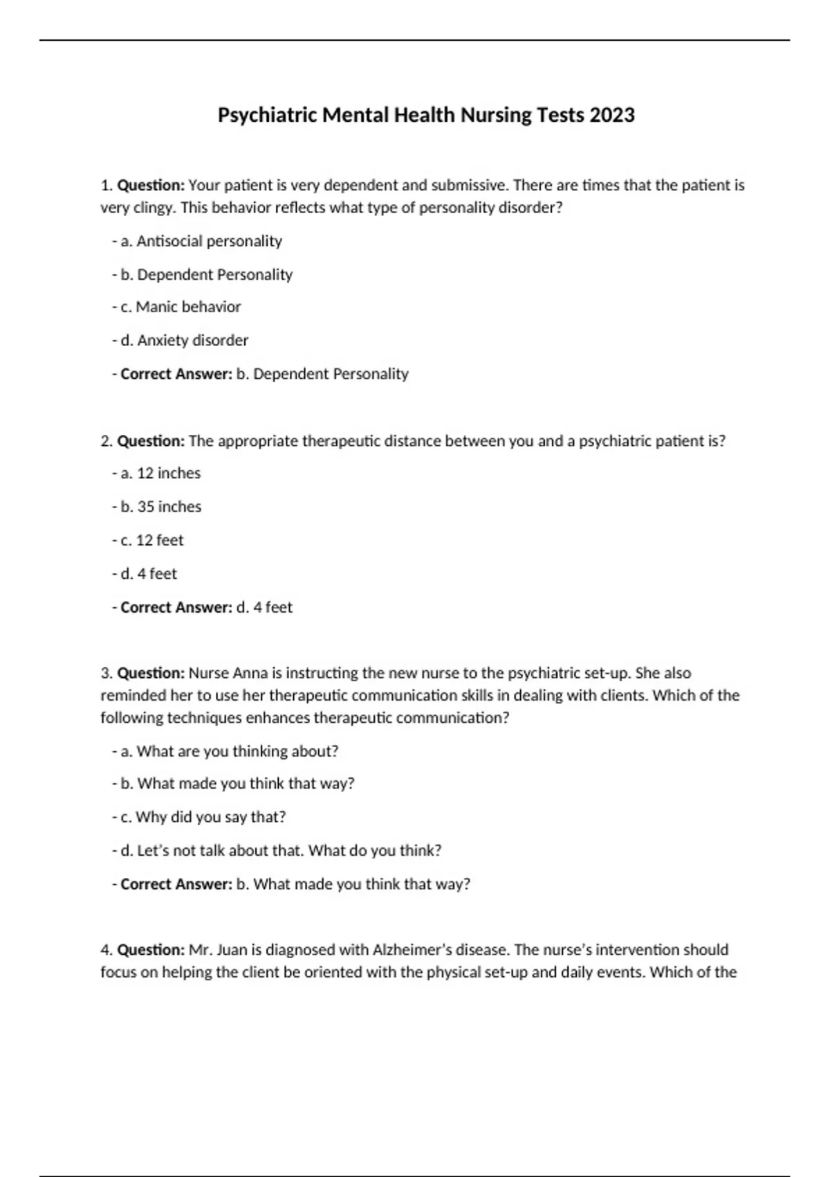 Psychiatric Mental Health Nursing Quiz Bank- MCQS based on Past Papers ...