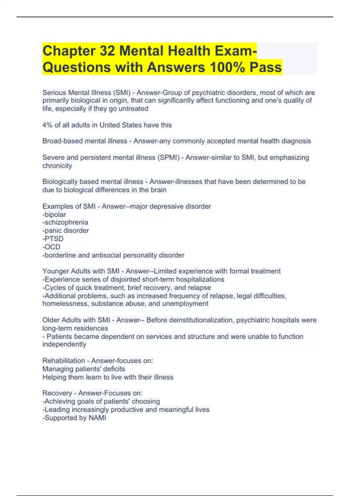 Chapter 32 Mental Health Exam- Questions with Answers 100% Pass ...