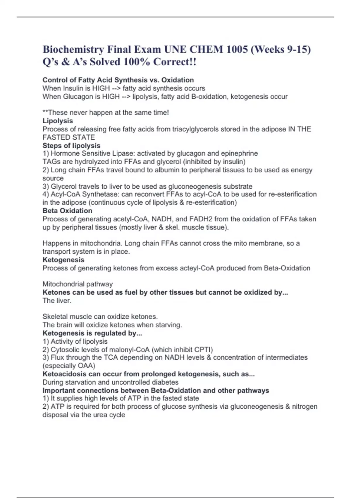 Biochemistry Final Exam UNE CHEM 1005 (Weeks 9-15) Q’s & A’s Solved 100 ...