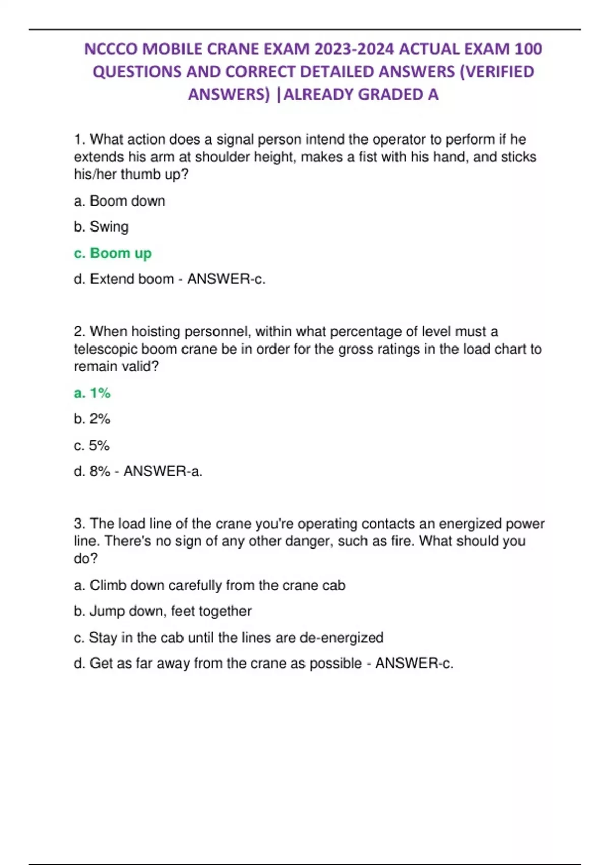 NCCCO MOBILE CRANE EXAM ACTUAL EXAM 100 QUESTIONS AND CORRECT DETAILED ANSWERS (VERIFIED ANSWERS ...