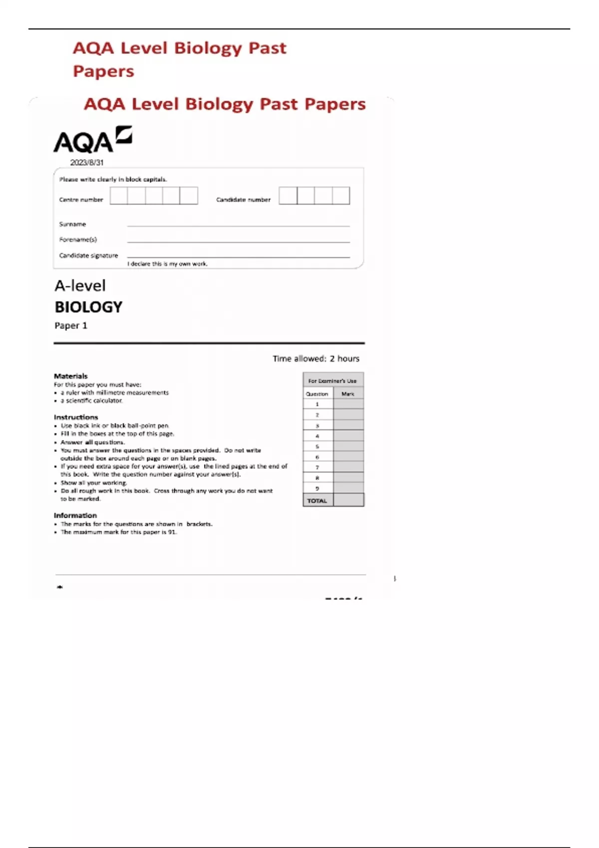 AQA Level Biology Past Papers AQA Level - AQA Level Biology Past Papers ...