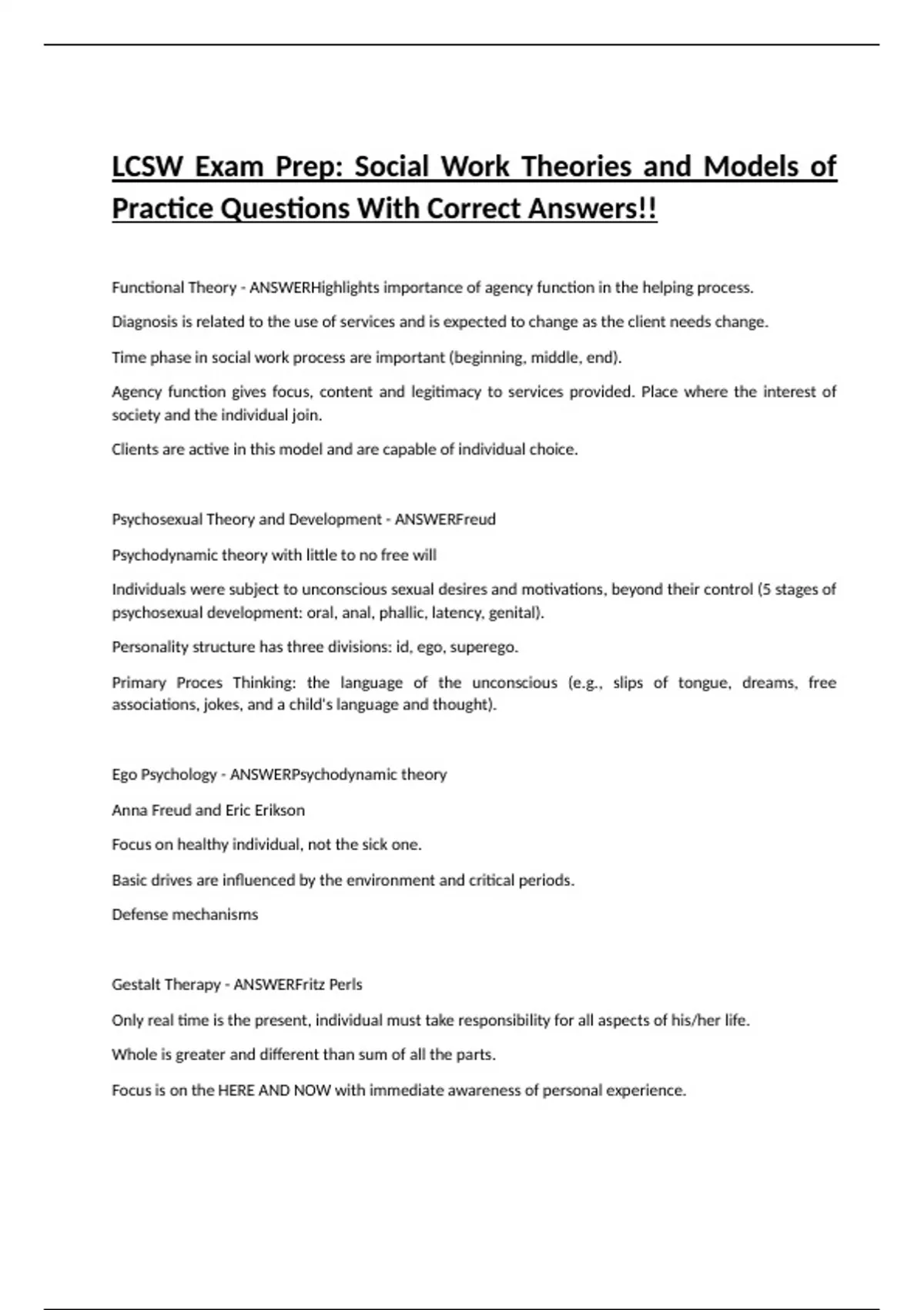 LCSW Exam Prep: Social Work Theories and Models of Practice Questions With Correct Answers ...