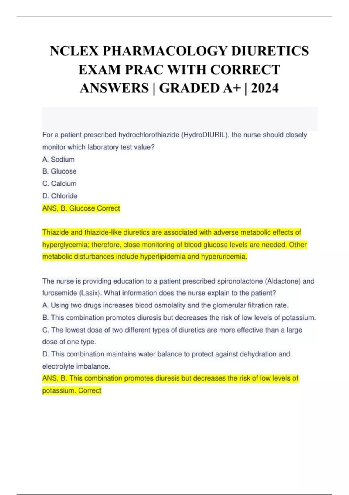NCLEX PHARMACOLOGY DIURETICS EXAM PRAC WITH CORRECT ANSWERS | GRADED A+ ...